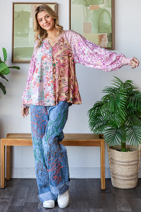 Oli & Hali Mixed Print Button Front Top in Purple Combo – June Adel