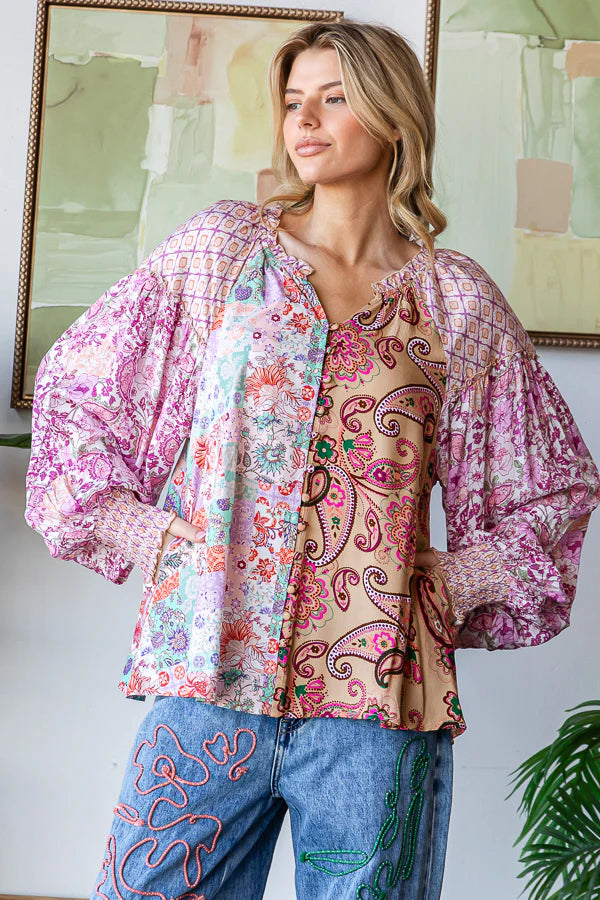Oli & Hali Mixed Print Button Front Top in Purple Combo – June Adel