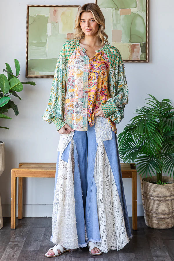 Oli & Hali Mixed Print Button Front Top in Green Combo – June Adel