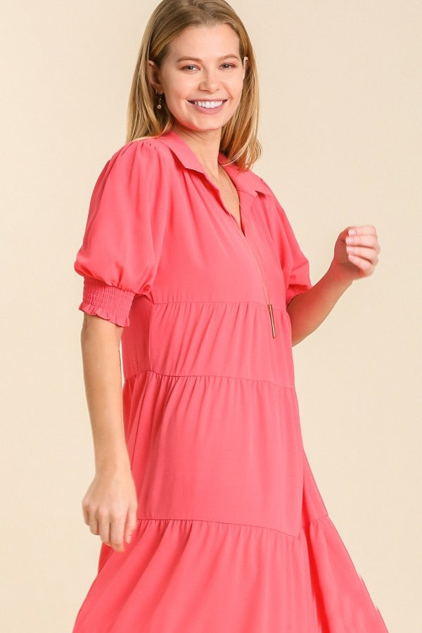 Umgee Collared Tiered Midi Dress in Coral Pink – June Adel